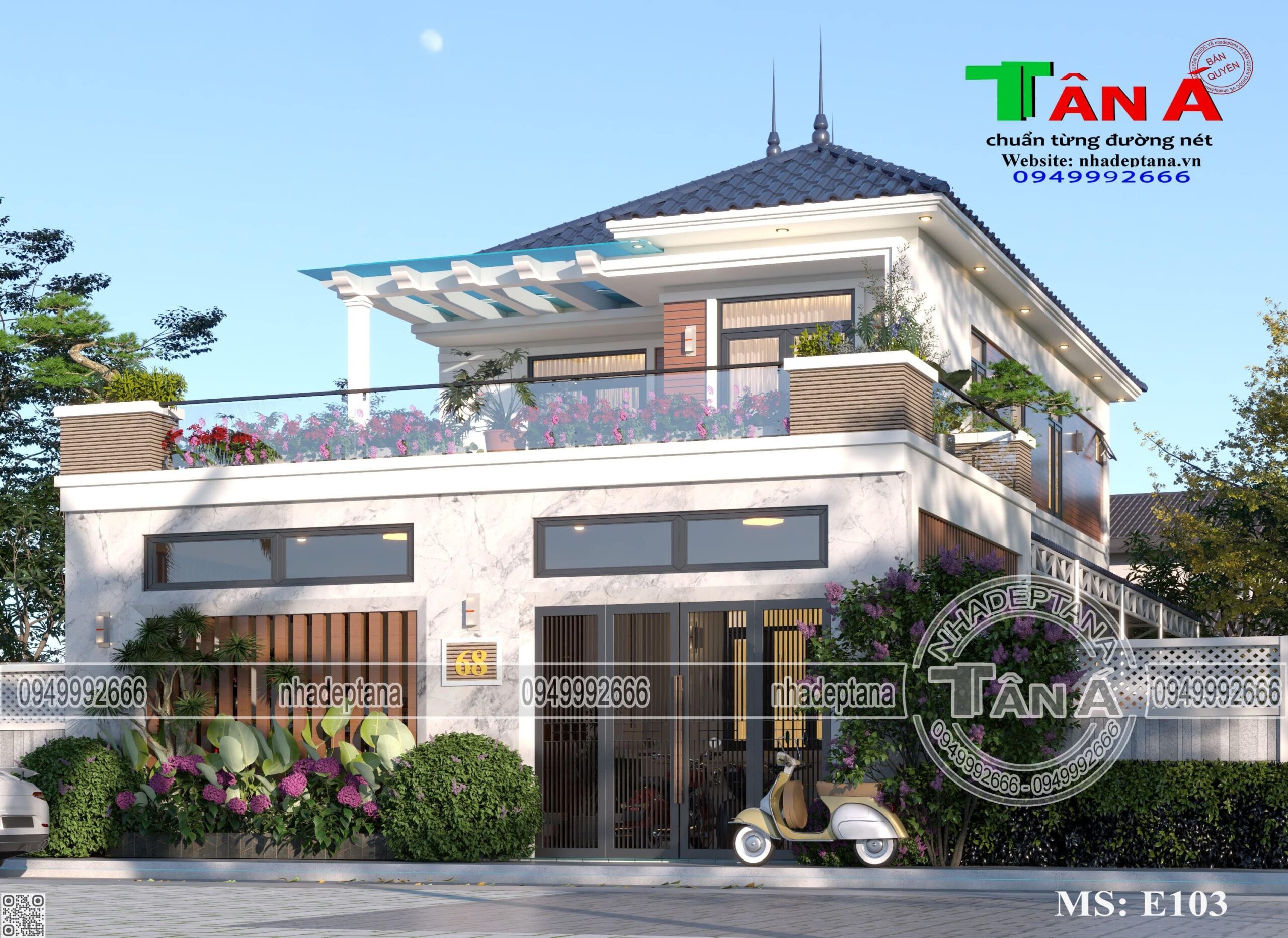 Tham khảo mẫu nhà 2 tầng đổ sân thượng Ms: E103